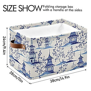 susiyo Large Foldable Storage Bin Pagodas Chinoiserie Fabric Storage Baskets Collapsible Decorative Baskets Organizing Basket Bin with PU Handles for Shelves Home Closet Bedroom Living Room-2Pack