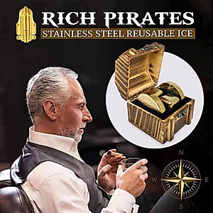 New Pirate Themed Gold Whiskey Coin and Cube Set, Stainless Steel Whiskey Chilling Stones | 4pc Set with Wooden Chest | Whiskey Gift for Men, Dad, Husband, Boyfriend