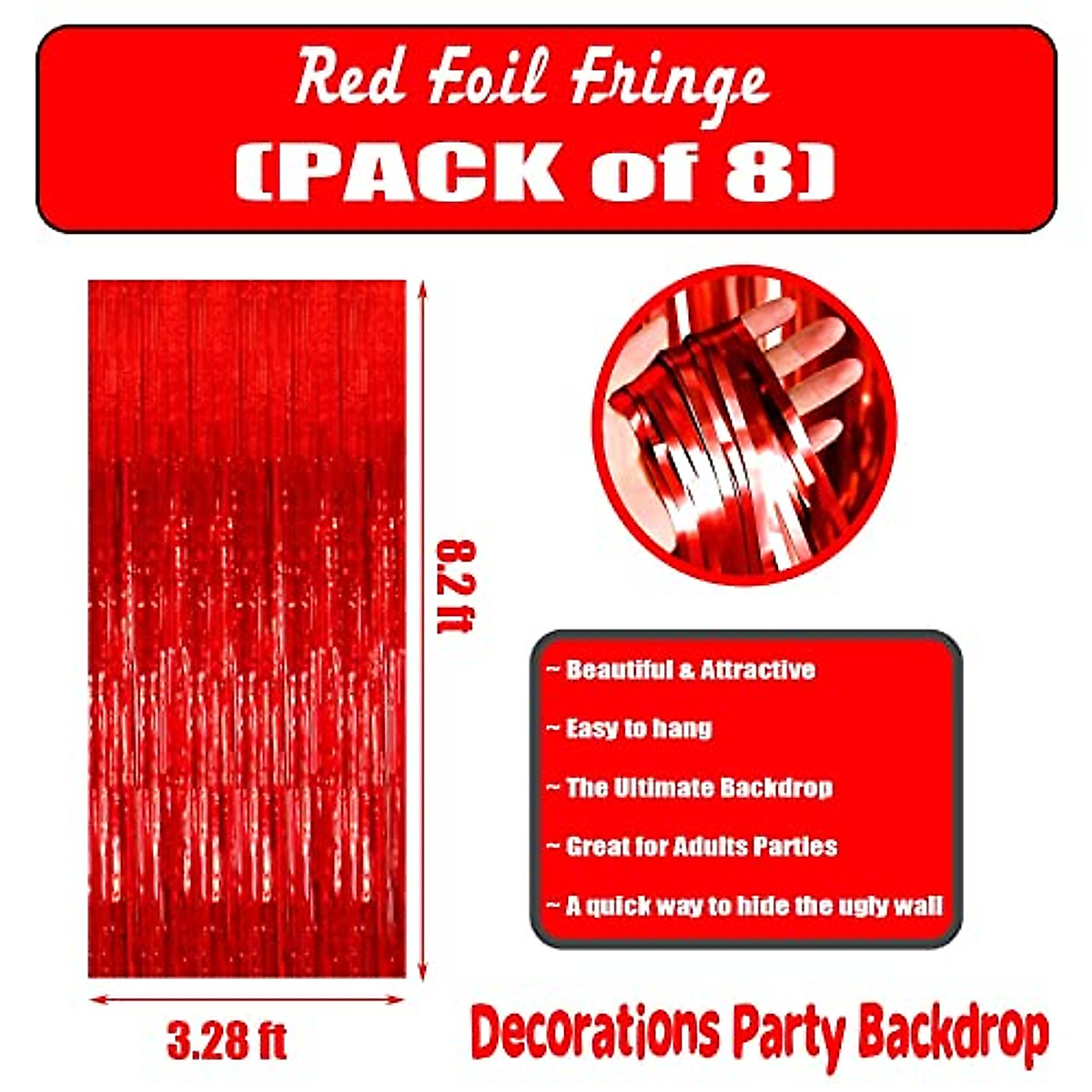 8 Pack Red Tinsel Foil Fringe Curtain Backdrop, 3.28Ft x 8.2Ft Metallic Streamers for Photo Booth Birthday Wedding Bridal Shower Bachelorette New Year Party Thanksgiving Christmas Decorations