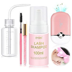 EMEDA Lash Shampoo for Extensions Cleaning Bath Kit for Cluster Lashes, Fan Brush Wash Bottle Hair Band, Oil Free Foam Soap Cleaner, Eyelash Cleanser