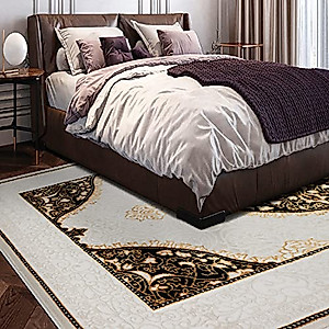 Antep Rugs Babil Gold 8x10 Oriental Bordered High Low Textured Traditional Indoor Area Rug, Beige Black, 7'10" x 10'