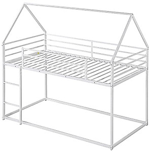 Harper & Bright Designs Twin Over Twin House Bunk Bed with Built-in Ladder, Metal Low Bunk Bed for Kids Girls Boys - White