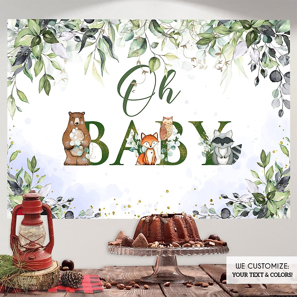 Sensfun Woodland Baby Shower Backdrop Oh Baby Greenery Forest Jungle Animals Photography Background Woodland Creatures Baby Shower Party Banner Decorations (7x5ft)