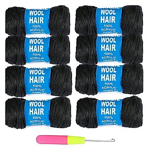 8Pcs Brazilian Yarn Wool Hair Arylic Yarn for Hair Crochet Braid Twist Warps Black Color