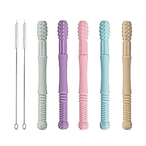 Hollow Teether Tubes, Honboom 5 Packs Soft Silicone Teething Tubes, Baby Soothing Teether Toy, Chew Straw Toy for Babies 0-12 Months with a Cleaning Brush, Dishwasher Safe (6.6in)