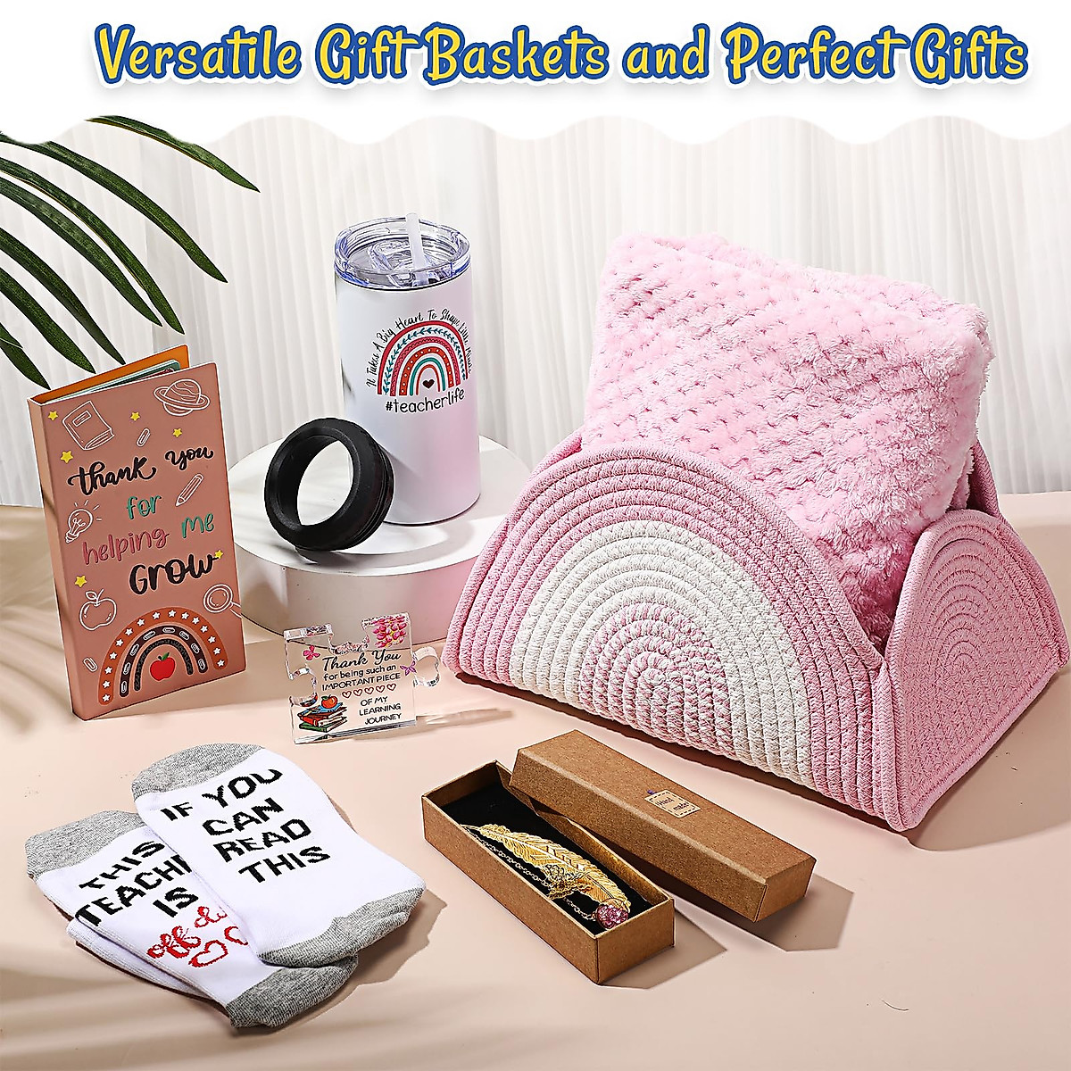 Zopeal Teacher Appreciation Gift Set 9 in 1 Teacher Birthday Favor Thank You Woven Basket Tumbler Thank You Gifts for Man Woman Valentines Mothers Day(Pink)