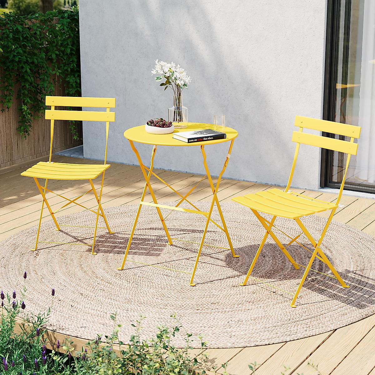 LAUSAINT HOME 3-Piece Steel Folding Bistro Set, Foldable Patio Furniture Set with Premium Frame, Outdoor Bistro Table and Chairs Set of 2 for Patio, Garden, Balcony and Poolside (Yellow)