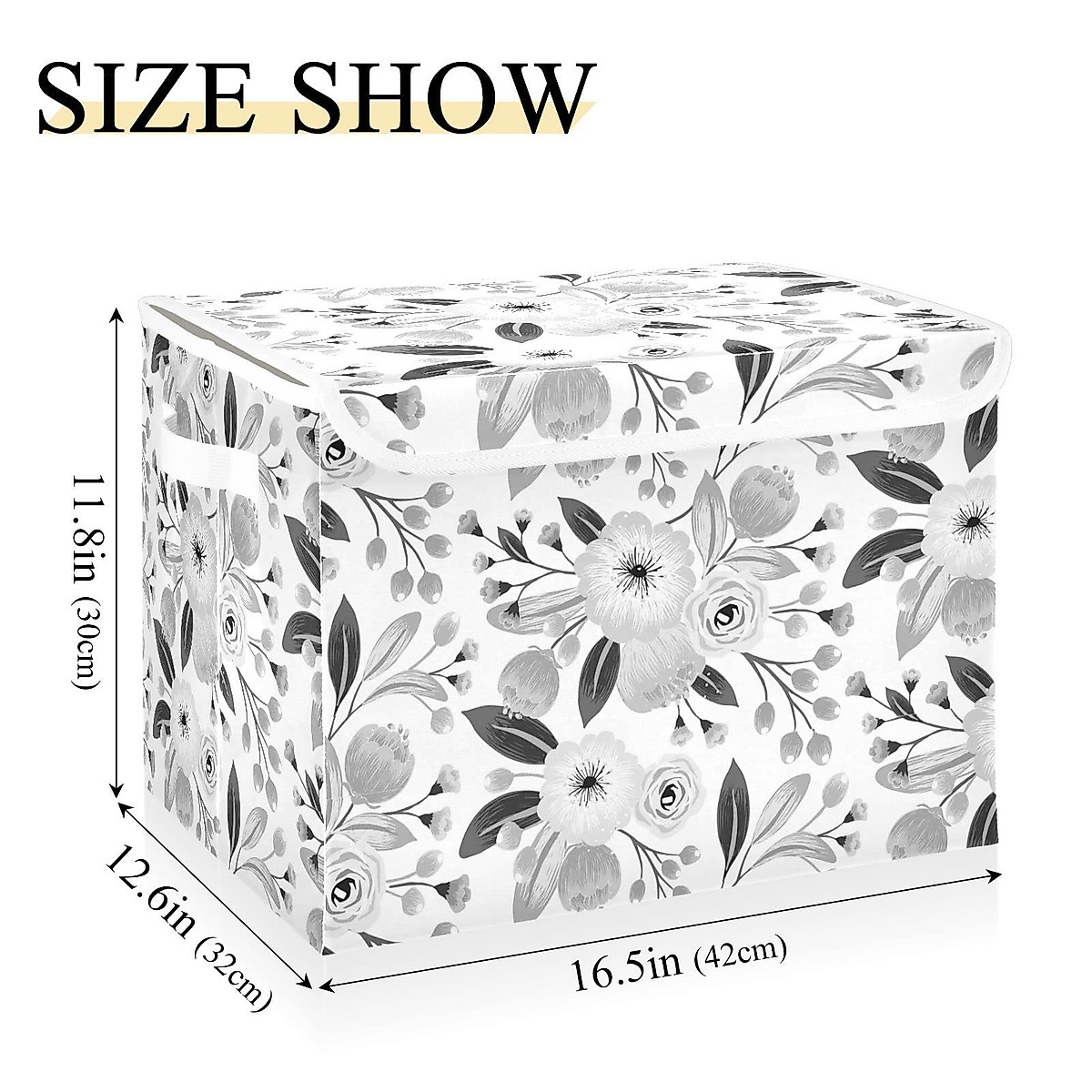 Black Grey Floral Flowers on White Storage Basket Bin with Lid, Foldable Bucket Box Closet Organizer Laundry Hamper for Home Office 16.5x12.6x11.8 in