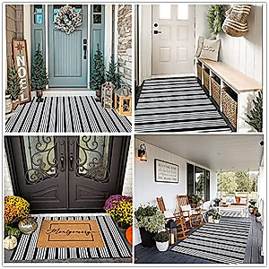KaHouen Cotton Black and White Striped Rug (27.5 x 43 Inches), Washable Stripe Outdoor Hand-Woven Reversible Stripe Rug for Outdoor Entryway,Laundry Room,Farmhouse,Kitchen.