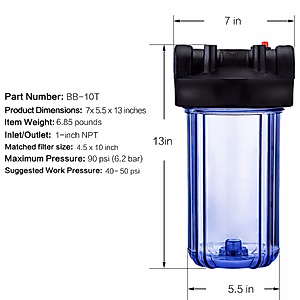 Geekpure Single Stage Whole House Water Filter System with 10-Inch Clear Housing-1"Port with 4 Pieces Carbon Filters