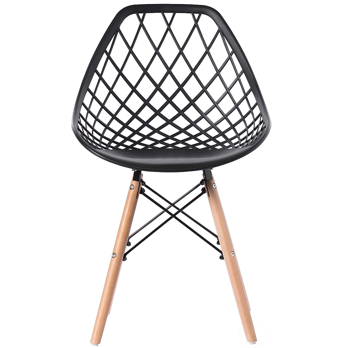 Fabulaxe Mid-Century Modern Style Plastic DSW Shell Dining Chair with Lattice Back and Wooden Dowel Eiffel Legs, Black