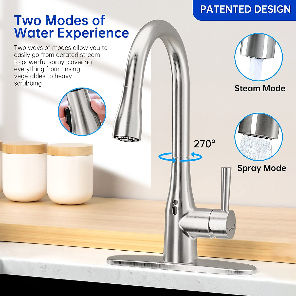 GOESMO Touchless Kitchen Faucet with Pull Down Sprayer, Motion Sensor Kitchen Sink Faucet with 1 Handle 2 Modes Magnetic Docking Spray, Automatic Kitchen Faucets for Sink 1 or 3 Holes Brushed Nickel