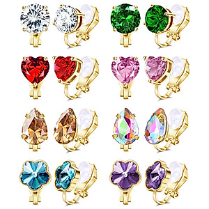 HAIAISO 8 Pairs Clip On Earrings Set for Women Non Pierced Clip On Earrings for CZ Heart Butterfly Flower Earrings Hypoallergenic Non-Piercing Fake Earrings Vibrant Color Birthstone Clip on Earrings