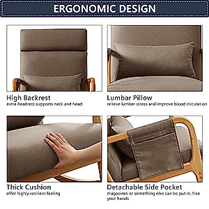 COCOLHOME Nursery Rocking Chair Linen Fabric Solid Wood Upholstered with High Backrest Side Pocket Modern Armchair Accent Rocker Glider Chair for Living Room,Bedroom(Brown)