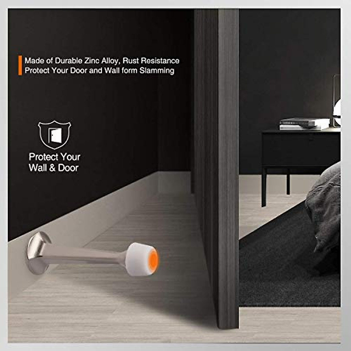 KOVOSCH Solid Rigid Door Stops with Soft Rubber Tips - Heavy Duty Durable Door Stoppers Wall Protector（Satin Nickel,2 Pack）