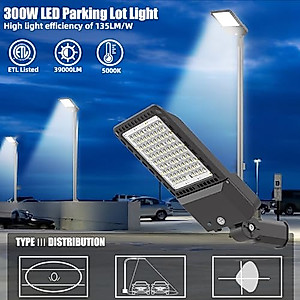 3 Pack 300W LED Parking Lot Lights Adjustable Slip Fitter, 5000K 39000LM (135LM/W) Outdoor Street Lighting with Dusk to Dawn Photocell, IP65 Waterproof Shoebox Pole Light for Stadium Sports