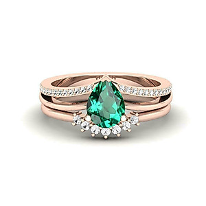 3.00 Ct Pear & Round Cut Green Emerald Diamond Engagement Wedding Women's Trio Ring Set 14k Rose Gold Finish (10.5)
