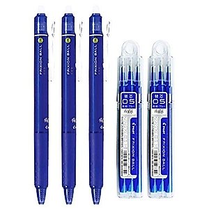 Pilot FriXion Ball Knock Retractable Erasable Gel Ink Pens, Extra Fine Point 0.5mm, Blue Ink, 3 Pens & 6 Refills Value Set