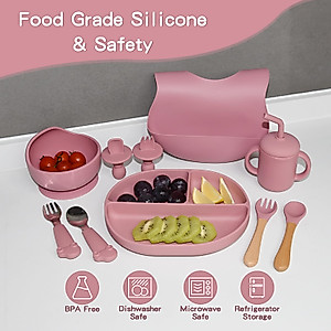 SILI FACTORY Silicone Baby Feeding Set - 10PCS Suction Bowl and Divided Toddler Plates Adjustable Bib Sippy Cup Spoons Forks -Baby Led Weaning Supplies,Toddler Baby Dish Set for 6+ Months
