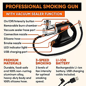 Jo Chef Professional Handheld Smoke Gun – Cold Smoker + Vacuum Function – USB Smoking Gun Food Smoker – Wood Chips Included - Ideal Gift for Chefs and Mixologists – Use for Sous Vide, Cocktails + Ebook