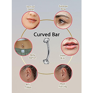 PiercingJ 2-5PCS 16G 3/8" (10MM) Stainless Steel Cubic Zirconia Gem(3MM) Internally Thread Curved Barbell Eyebrow Piercing Jewelry