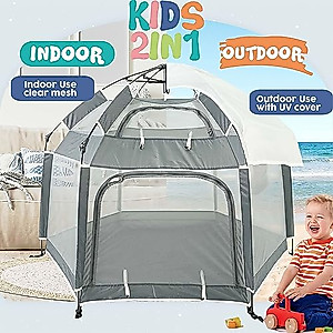 Large Pop Up Children Playpen Easy Set-Up Baby Travel Beach Tent Toddler Indoor Play House and Outdoor Play Tent with UPF50+ Kids Bacyard Tent with 6 Stakes
