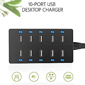 USB Charging Station, 60W 10 Port USB Charging Station, USB Charger Multi Port with Smart Detect, Compatible with iPhone, Galaxy, iPad Tablet, and Othercharging Station for Multiple Devices