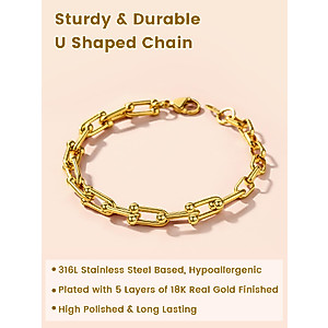 KeyStyle Gold Paperclip Chain Bracelet for Women, 18k Gold U Shaped Link Bracelets for Wife Fiancee, 21cm