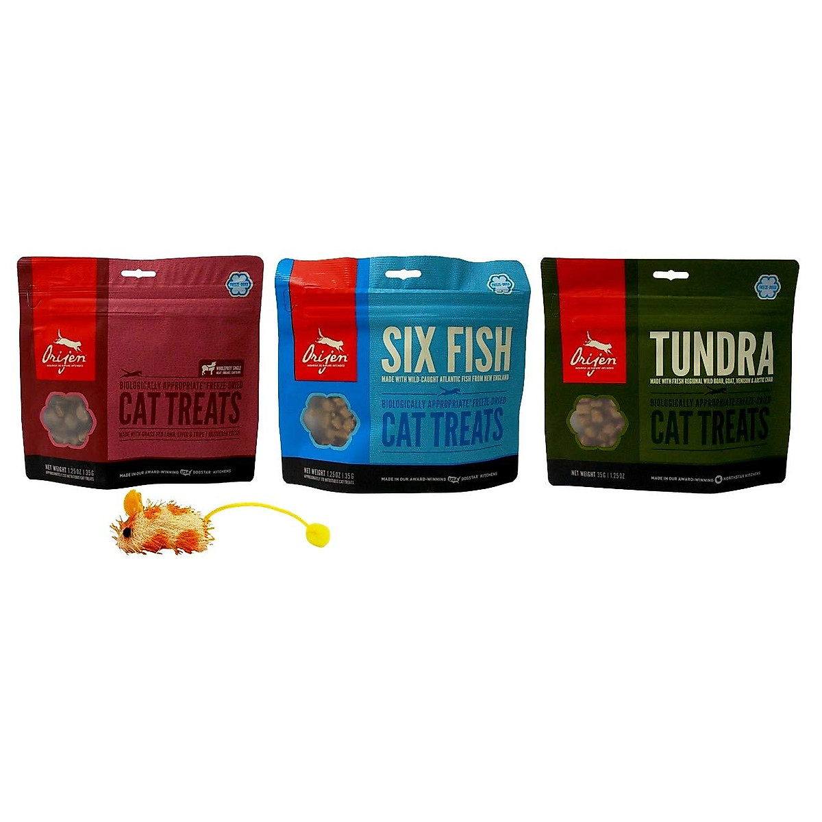 ORIJEN Freeze-Dried Cat Treats 3 Flavor Variety with Catnip Mouse Toy Bundle, 1 Each: Whole Prey Lamb Liver Tripe, Six Fish, Tundra (1.25 Ounces)