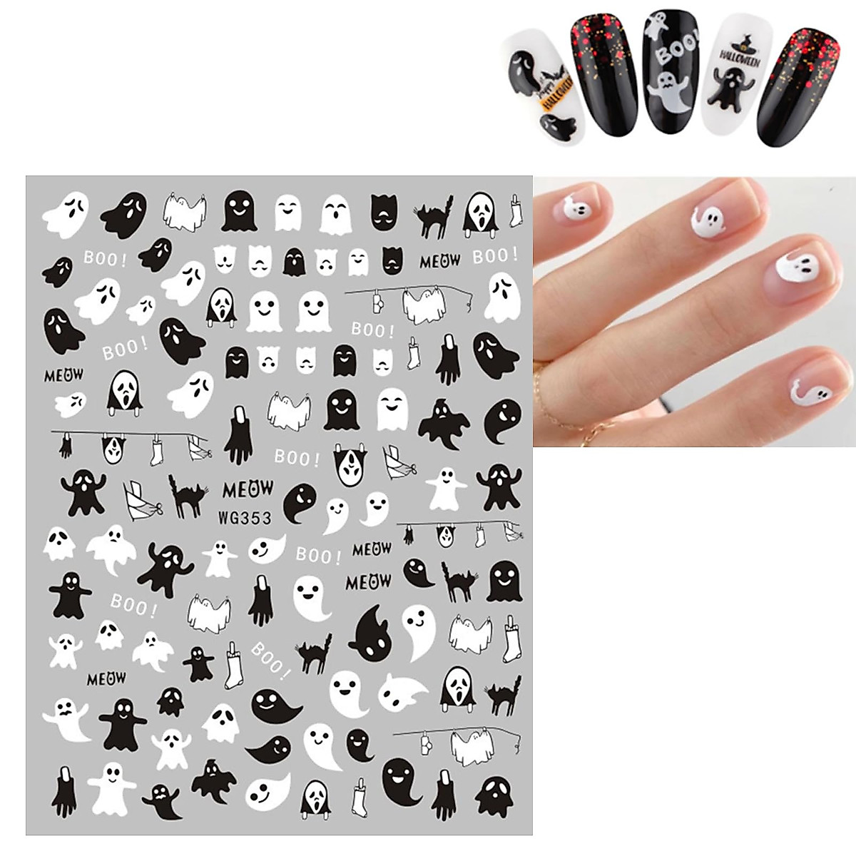 JMEOWIO 8 Sheets Cute Halloween Nail Art Stickers Decals Self-Adhesive Pegatinas Uñas Horror Skull Pumpkin Ghost Witchy Spider Web Bat Spook Nail Supplies Nail Art Design Decoration Accessories