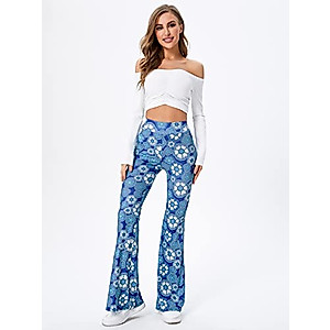 WDIRARA Women's Elastic High Waist Allover Print Floral Bell Bottom Flare Leg Long Pants Blue and White S