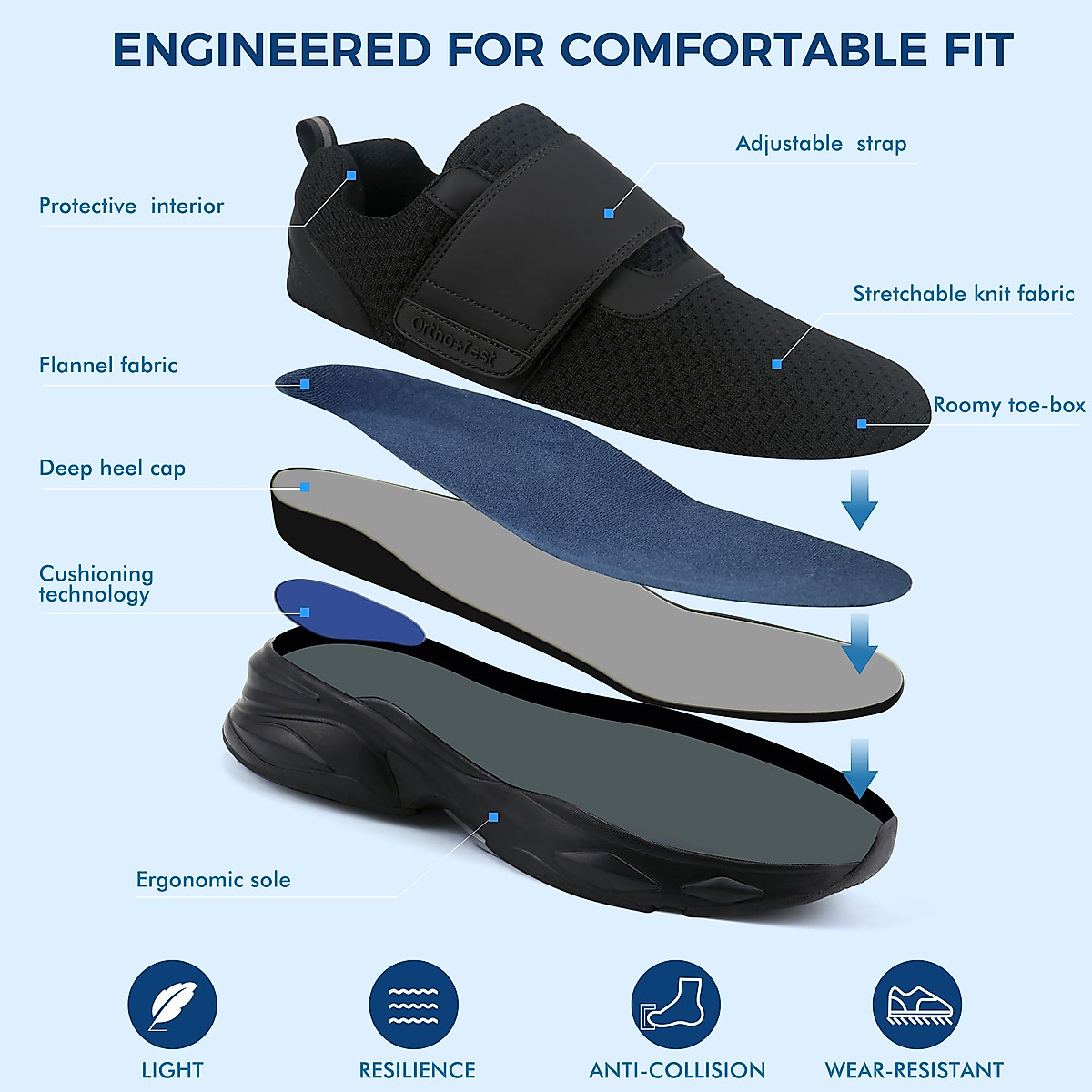 Ortho+rest Men Diabetic Walking Shoes Edema Shoes for Swollen Feet Arch Support Orthopedic Sneakers (11,Black)