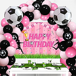 Wonmelody Soccer Birthday Party Decors for Girl Football Birthday Party Decor Sports Birthday Party Supplies Soccer Girl Happy Birthday Backdrop Pink Black Balloon Arch for Football 1st Birthday Party