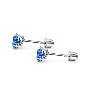 14k White Gold Round Solitaire Stud Earrings with Screw Back Blue Topaz CZ Size-4mm