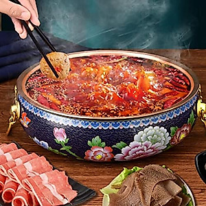Chafing Dishes Old Beijing Pure Copper Pot, Induction Cooker Copper Hot Pot, Gas Special Pot, Household Flat Pot Hot Pot (Color : Yellow, Size : 36cm)