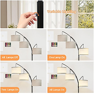 Arc Floor Lamp for Living Room,Modern Mid Century Multi-Tree Floor Lamp with Heavy Base for Bedroom Office,3-Light Dimmable Floor Lamp with Adjustable Hanging Oatmeal Shades and 3 LED Bulbs