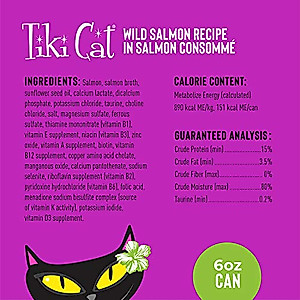 Tiki Cat Luau Shredded Meat, Wild Salmon Recipe in Salmon Consumme, Grain-Free Balanced Nutrition Wet Canned Cat Food, For All Life Stages, 6 oz. Cans (Pack of 8)