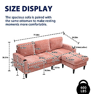 MOONMISS Convertible Sectional Sofa, 3 Seat L Shaped Sofa with Removable Pillows, Compact Spaces w/Reversible Ottoman Bench, Upholstered Sectional Couch for Living Room, Apartment, Dorm,Pink