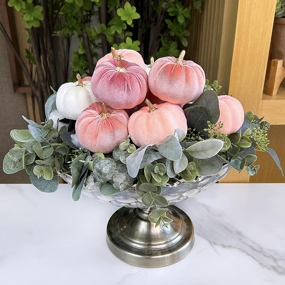 Winlyn 12 Pcs Small Rustic Faux Velvet Pumpkins Decorative Blush Coral Pink Peach Ivory Fabric Pumpkins Foam Pumpkins 3" for Fall Wedding Bbay Shower Thanksgiving Halloween Table Centerpiece Décor