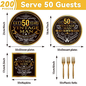 gisgfim 200 PCS Vintage 50th Birthday Plates and Napkins Party Tableware Set 1975 50th Birthday Party Table Supplies Cheers to 50 Years Paper Plate Napkin Fork 50 Guests for Men