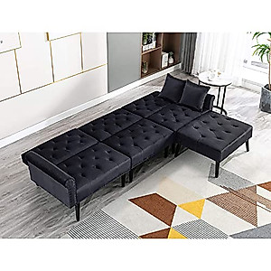 ivinta Convertible Velvet Sofa Couch, Sectional Sofa with Ottoman, Mid-Century Upholstered Comfy Sofa Bed, Queen Sleeper Sofa for 4-Seater, Modular Sofa for Living Room (Black)