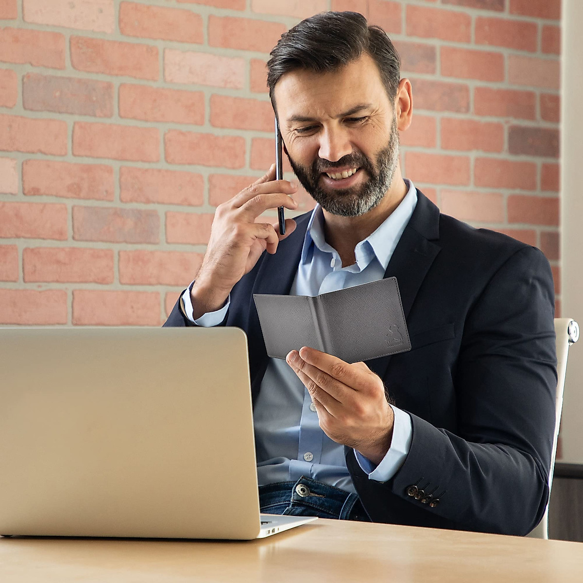 BULLGUARD Mens RFID Blocking Wallet Bifold with Flip Up ID in Saffiano Grey Genuine Leather