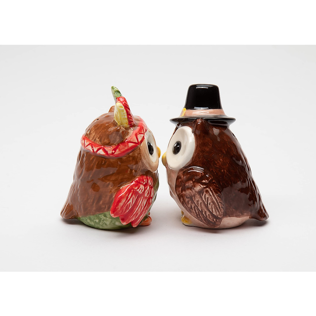 Fine Ceramic Thanksgiving Pilgrim & Native American Indian Owl Salt & Pepper Shakers Set, 2-7/8" H