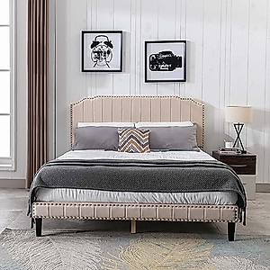 Queen Size Linen Upholstered Platform Bed Frame with Soft Curved Headboard and Wooden Slats Support, No Box Spring Needed for Boys Girls Teens Adults, Noise-Free, Under Bed Storage (Beige)