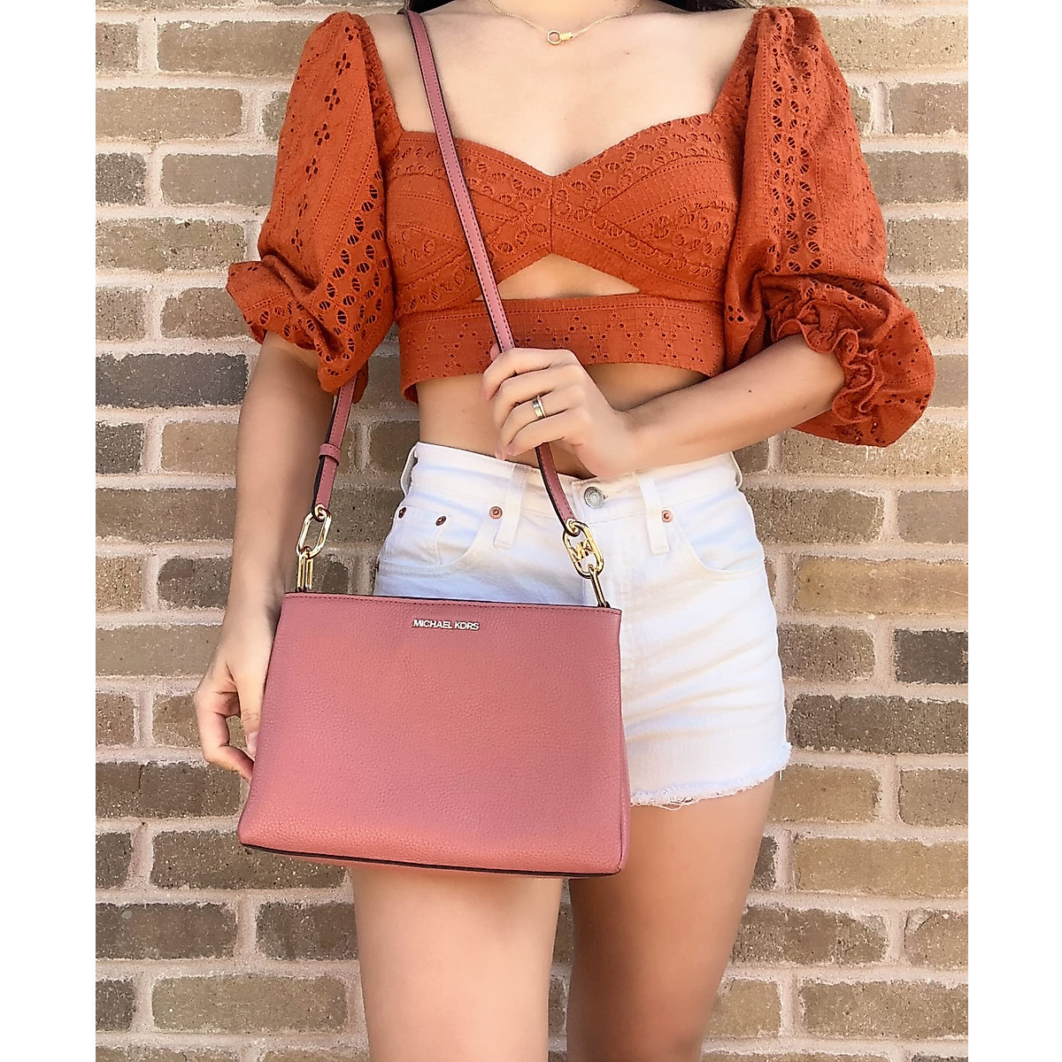 Michael Kors Trisha Medium Triple Compartment Crossbody Bag Rose Pink Leather