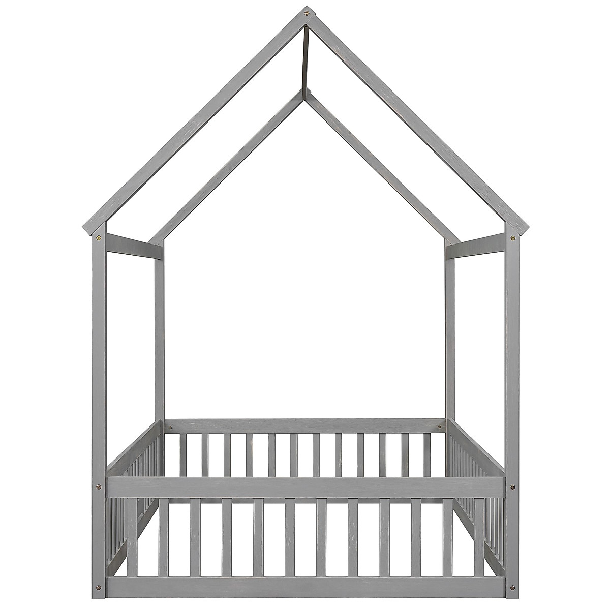 Harper & Bright Designs Grey House Bed Full Floor Bed with Fence Railings, Kids Wooden Full Size Montessori Bed Frame with Small Door for Kids, Fun Playhouse Beds, Full Size Bed Frame for Girls Boys