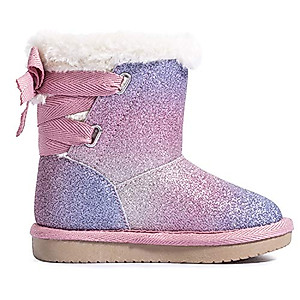 KRABOR Girls Glitter Snow Boots Cotton Lining Warm Winter Non~Slip Shoes with Cute Bow for Toddlers/Little Kid (Pink Size 2)