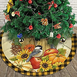 Autumn Pumpkin Bird Sunflower Tree Skirt, for Xmas Holiday Party Supplies Large Tree Mat Decor, Halloween Ornaments 30"