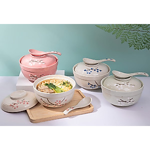 LLDAYU Japanese Creative Hand-Painted Ceramic Bowls with Soup Spoon, Large 27.5 OZ ramen bowls/Soup bowls,with Heat Preservation Function, and Suitable for Microwave Oven, and Dishwasher - Cyan Blue