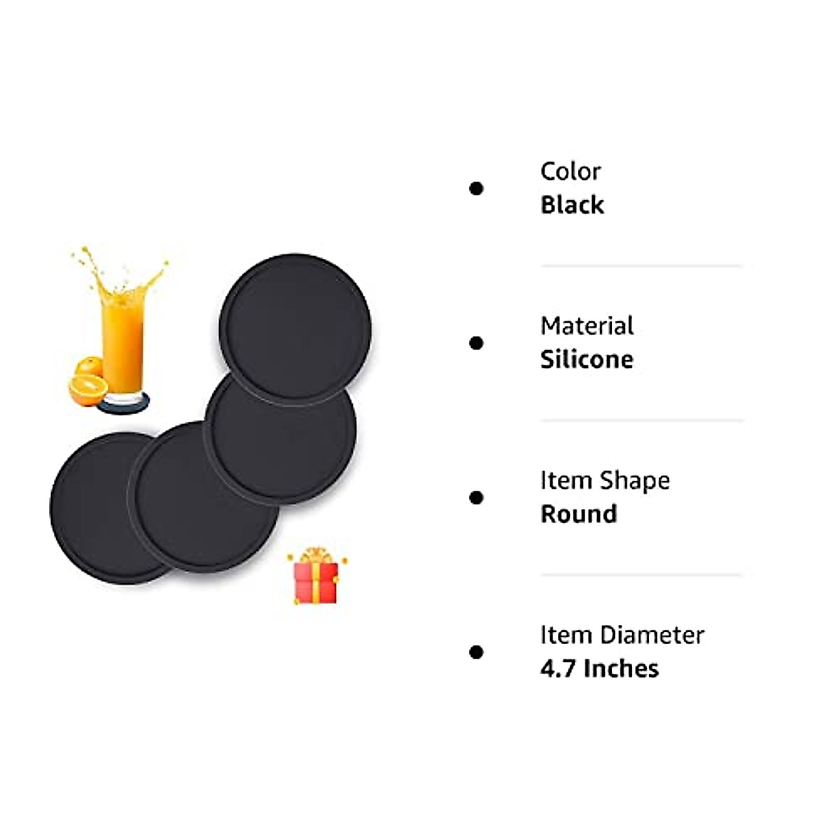 Silicone Drink Coasters Set of 4, Non-Slip Cup Coasters, Heat Resistant Cup Mate, Soft Coaster for Tabletope Protection, Furniture from Damage (Black)